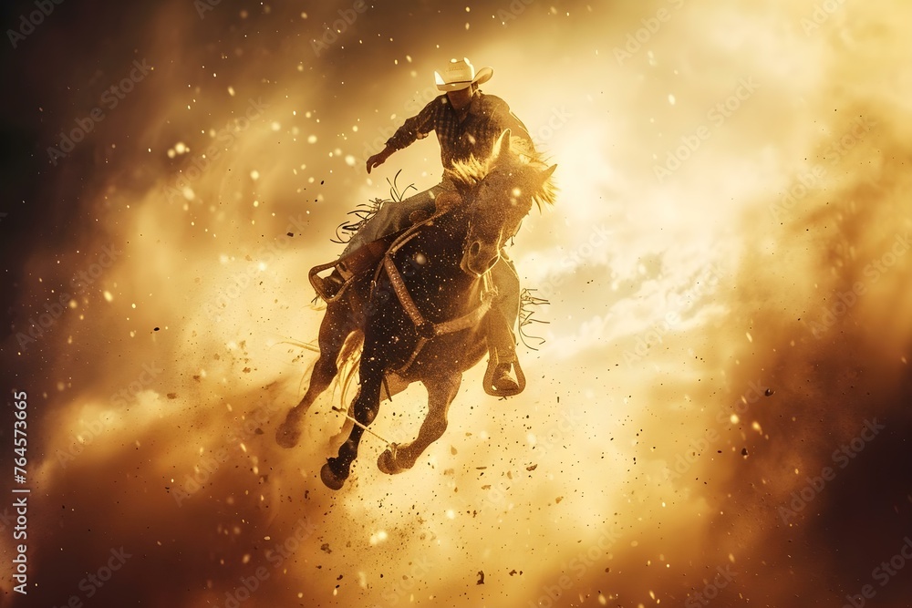 Cowboy on bucking bronco in rodeo arena showcasing thrilling action and ...