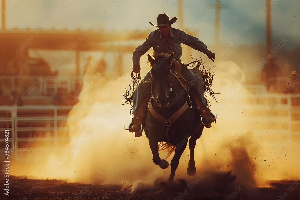 Cowboy on bucking bronco in dusty rodeo arena. Concept Rodeo, Cowboy ...
