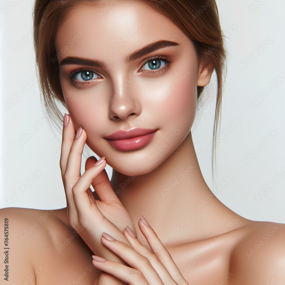 Beautiful young woman with clean fresh skin on white background, Face ...