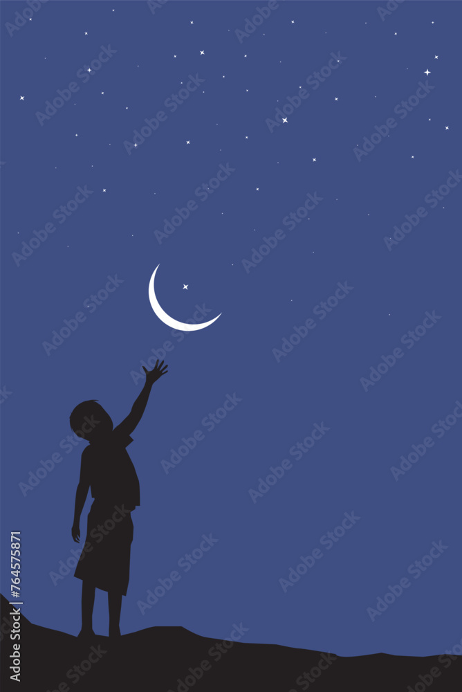 Touching Moon. Child Dream. Eid and Ramadan Concept. Eid Greetings and ...