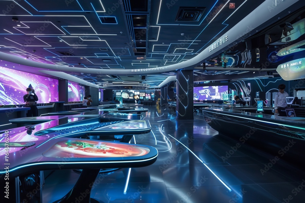 A futuristic cafe with holographic menus, robotic servers, and ...