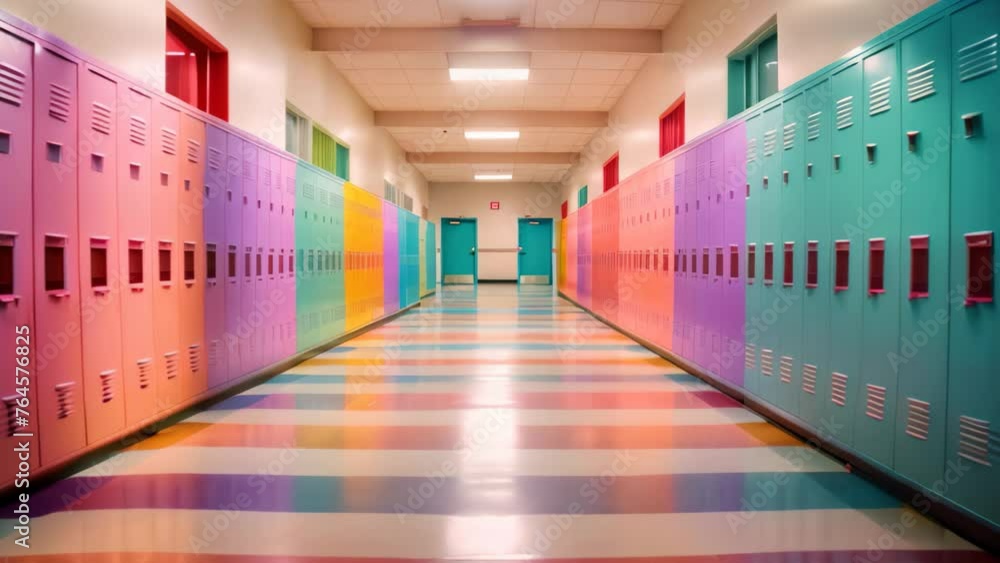 3D render of a school corridor with lockers in bright colors, A ...