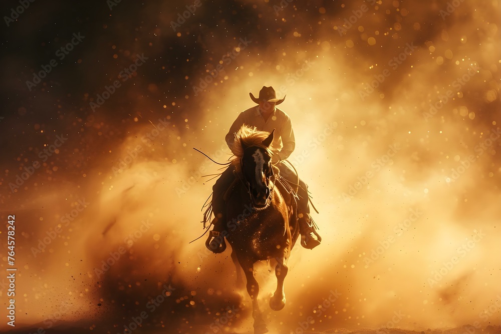 Cowboy riding a bucking bronco in a rodeo arena, stirring up dust ...