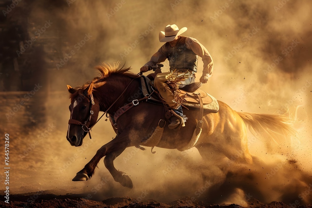 Exciting cowboy on bucking bronc in dusty rodeo arena showcasing ...