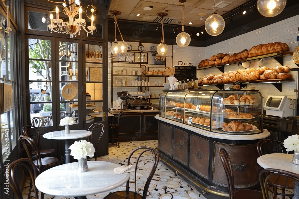 A Parisian-style cafe with wrought iron chairs, marble tabletops, and ...