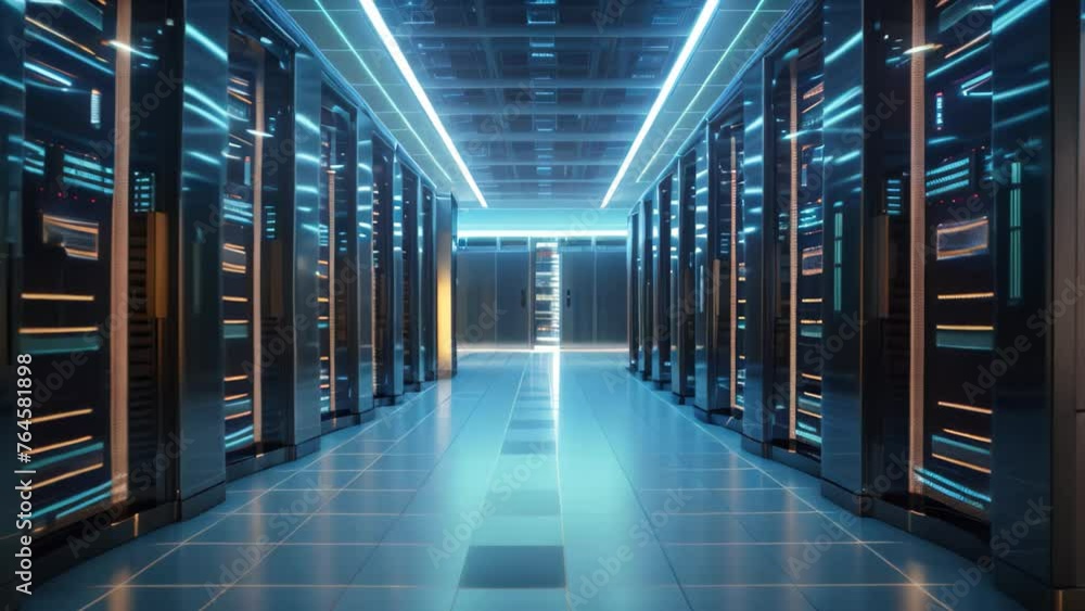 Vidéo Stock A long hallway in a data center is filled with rows of ...