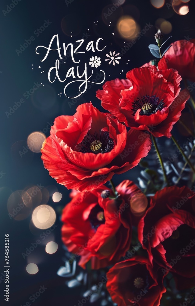Anzac Day - lettering calligraphy text, poppy flowers on dark ...