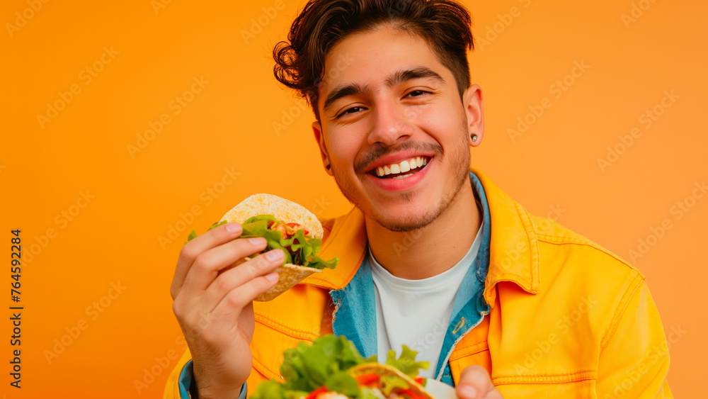 Mexican man smiling while holding mexican food over yellow background ...