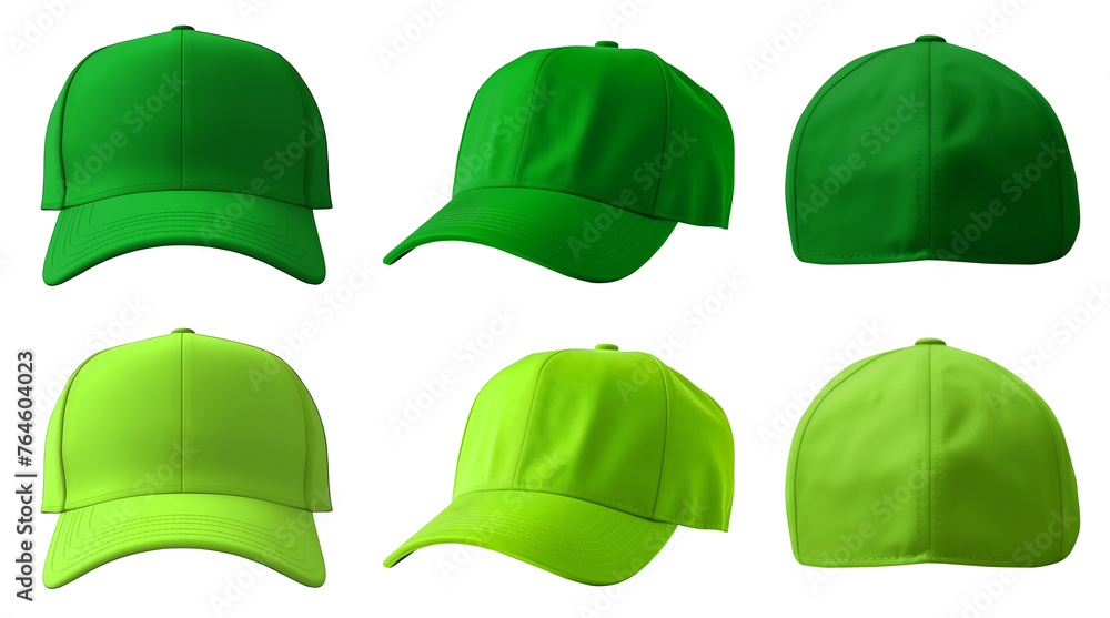 2 Set of dark light green lime, front, back side view hat baseball cap ...
