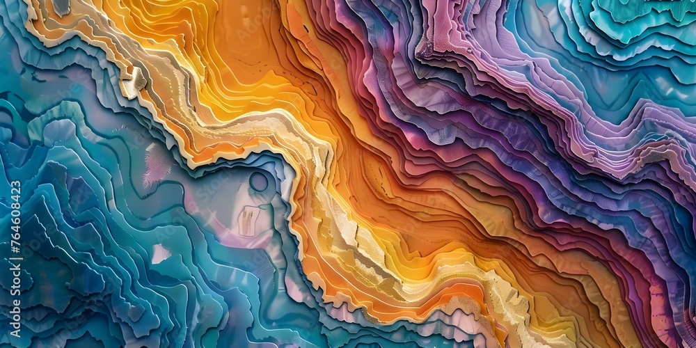 Abstract aerial view of colorful topographic map showing geological ...