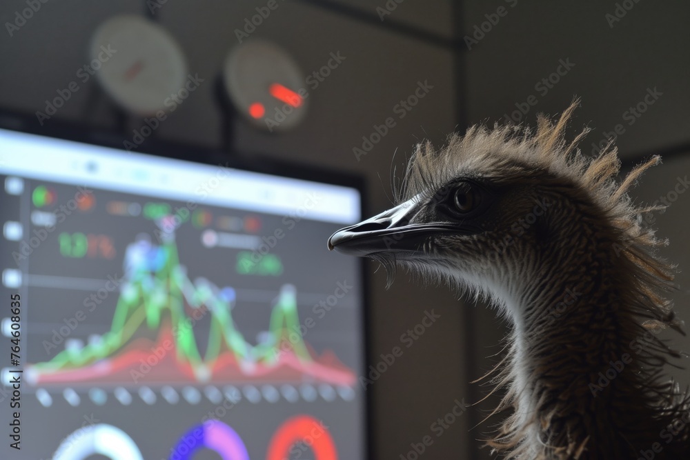 emu on a video call, screen showing graphs and figures Stock Photo ...
