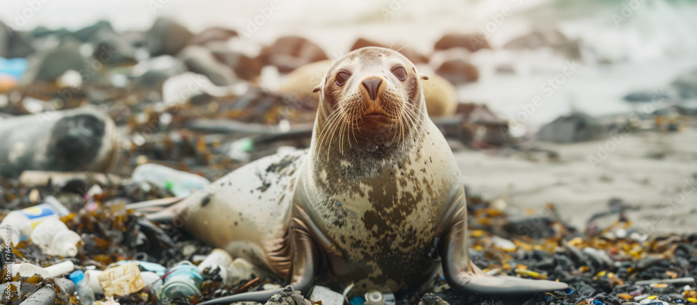 Curious common seal is lying on beach surrounded by plastic pollution ...