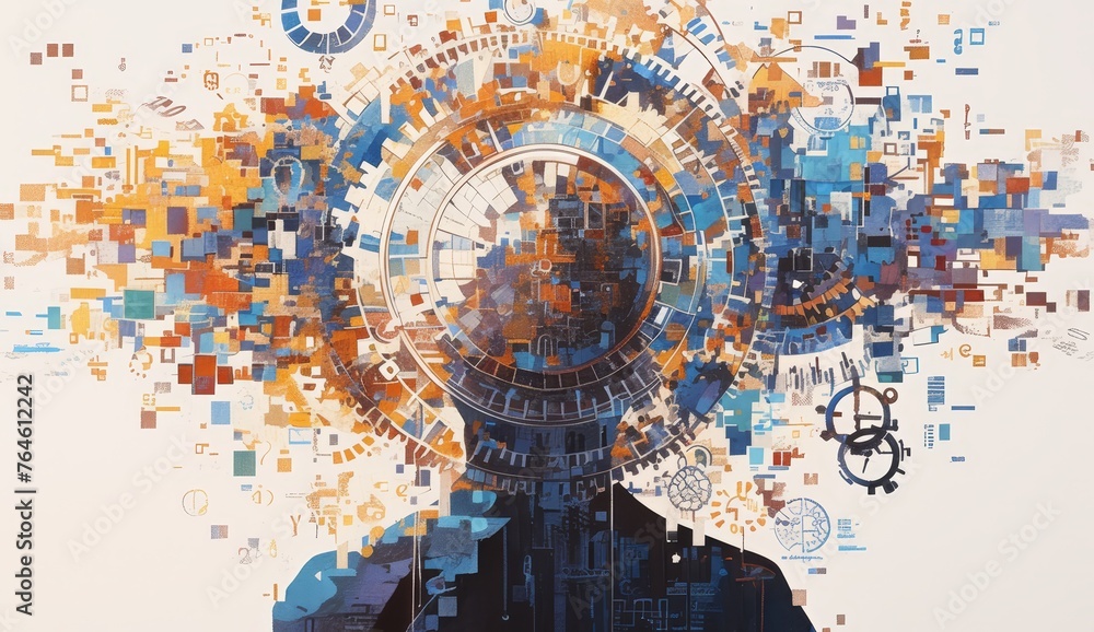 Abstract human figure with numbers and clocks floating around their ...