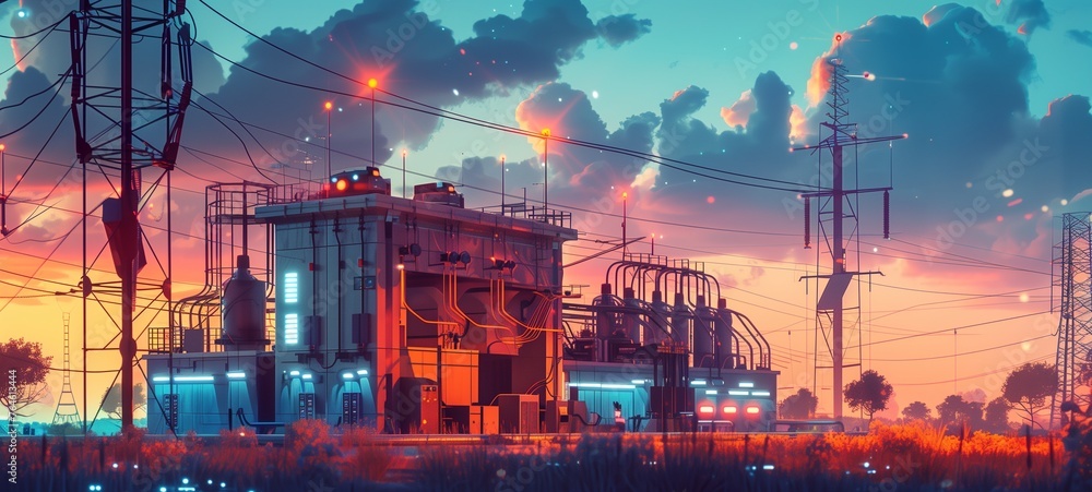 Stylized image of a power substation at dawn, with transformers and ...