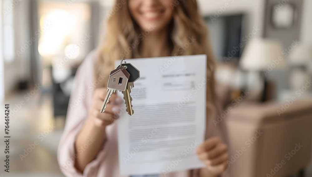 close up portrait of happy millennial woman show keys & agreement to ...