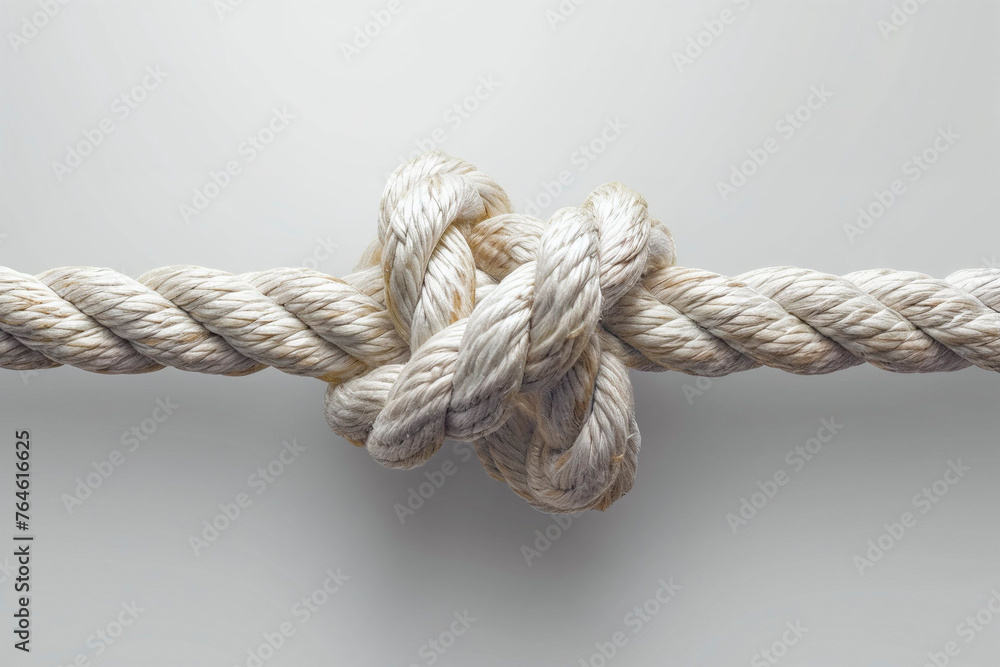 Tight knot in thick white rope, strength and struggle symbolized ...