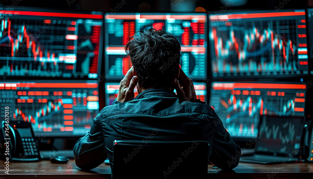 Stockbroker Male Looking at Stock Trading data on Display Board at ...