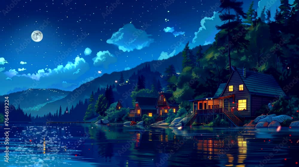 Lakeside retreat with cozy cabins at night. Fantasy landscape anime or ...