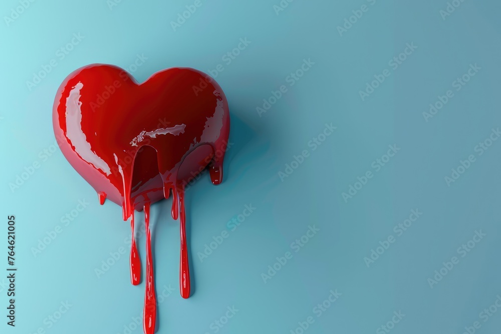 Melting red heart with dripping paint on a light blue background, a ...