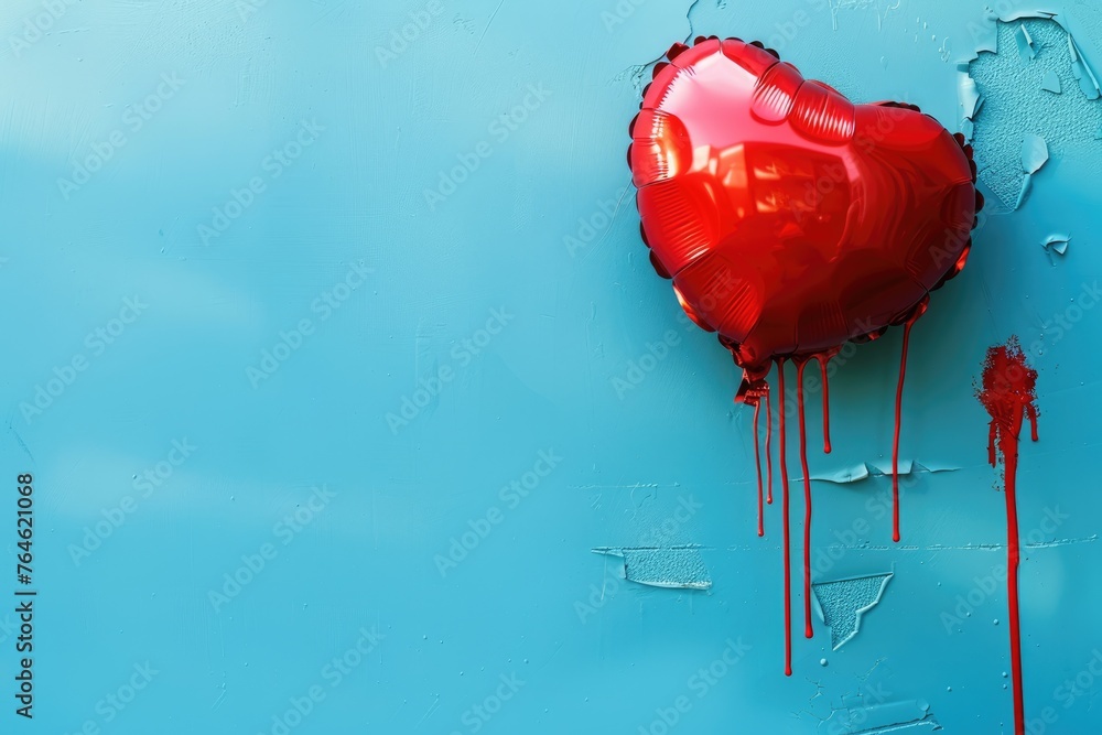 Melting red heart with dripping paint on a light blue background, a ...