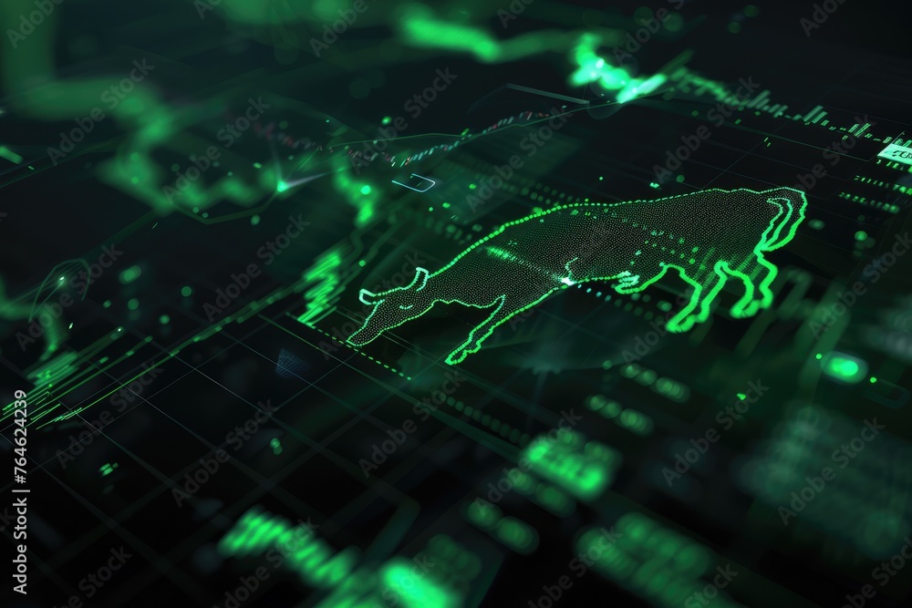 Digital bull in a glowing matrix with upward stock market arrows ...