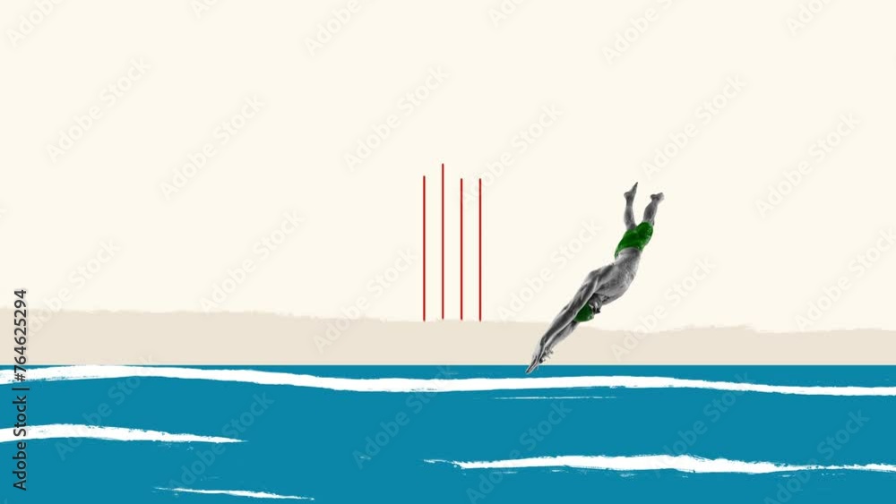 Stop motion, animation. Professional swimmer jumping into drawn blue ...