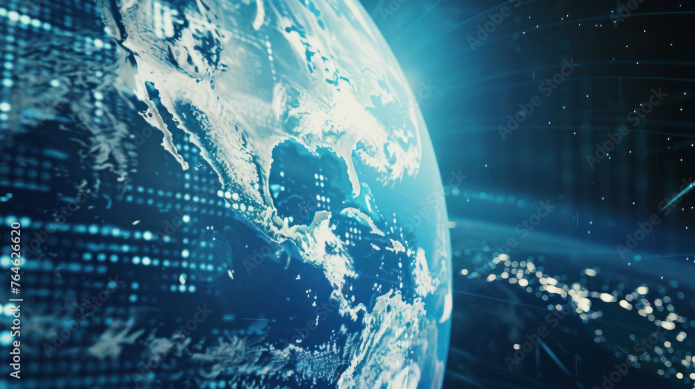 Featuring a digital representation of North America with a network grid ...