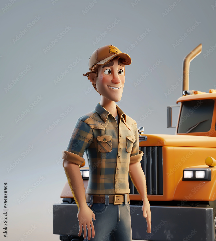 truck driver character illustration, 3d realistic cartoon with a truck ...
