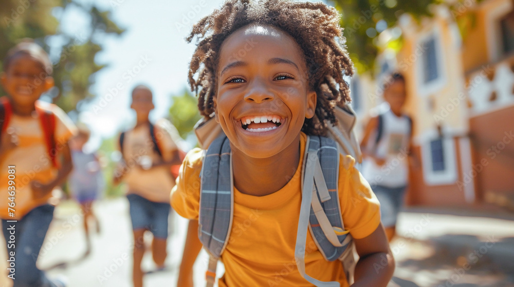 Happy kid with backpack run out of school after the end of classes ...