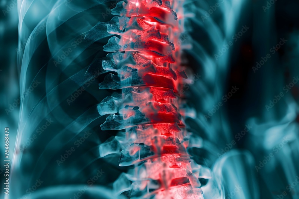 Xray of a womans spine with red overlay showing inflammation and muscle ...