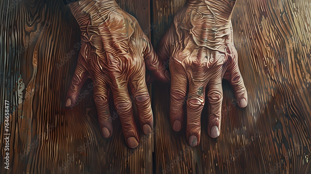 Aged Hands Resting on Wooden Surface Depicting Life's Journey. Close-up ...