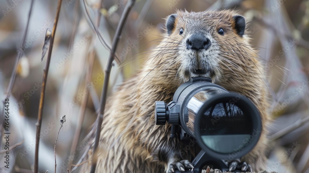 Observing through a telescope, a beaver strategizes future projects ...