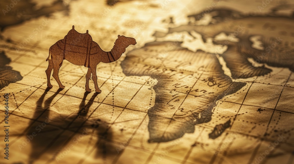 The camel's silhouette cast over the ancient trade route map embodies ...