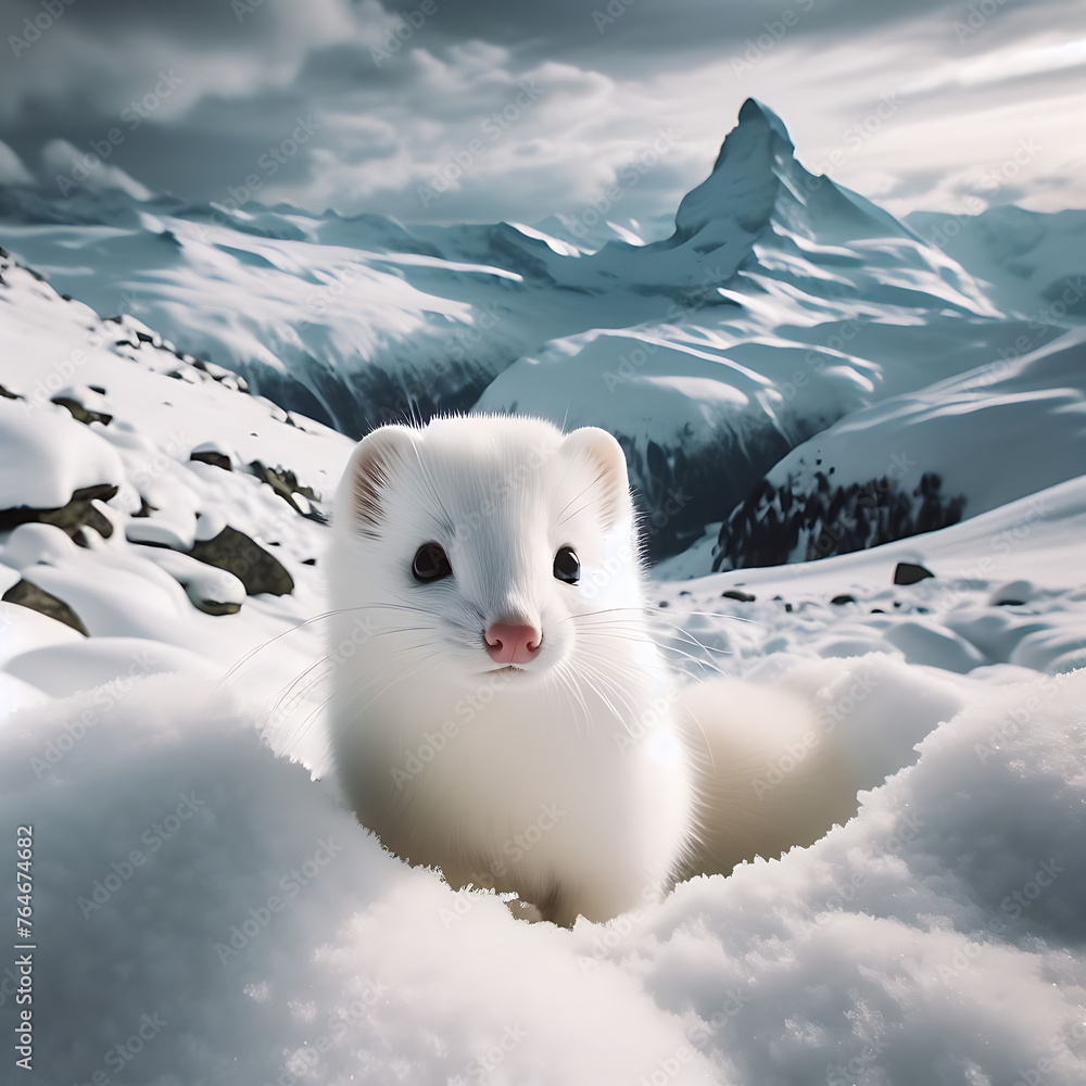 Long Tailed Ermine Weasel Curiously Cruising. Long tail weasel in snow ...