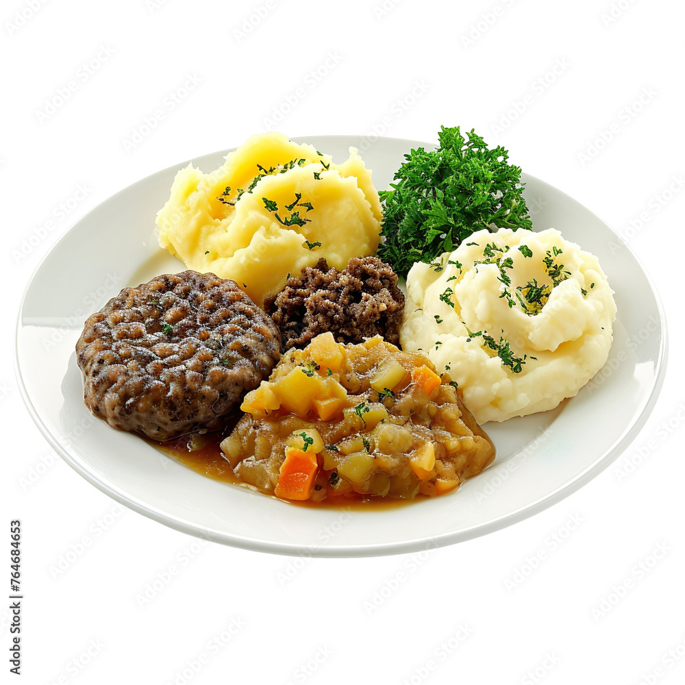 front view of Haggis, Neeps, and Tatties with traditional Scottish ...