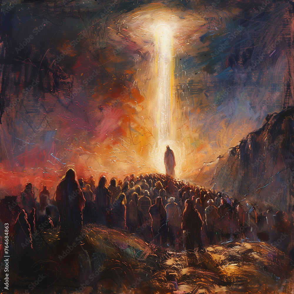 Jesus Christ preaching to the crowd on the mountain aunder pillar of ...