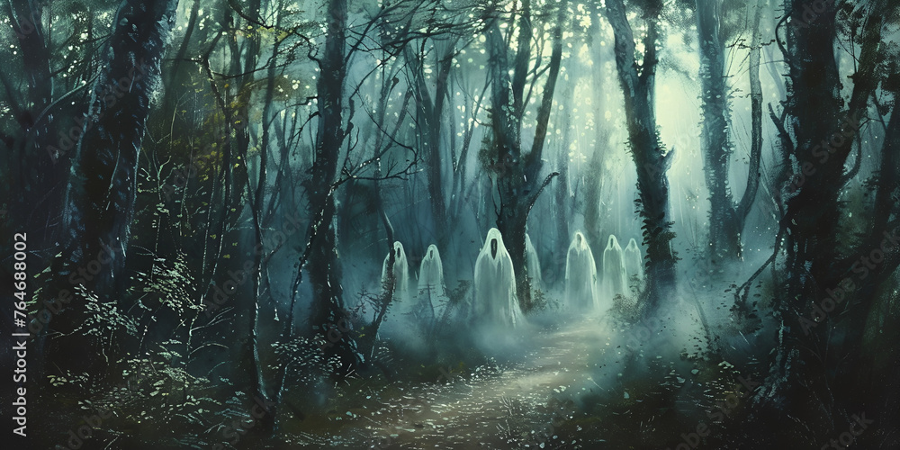 ghost in a dark forest Halloween background white ghost in forest A ...