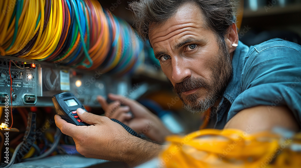 An electrician troubleshooting a complex electrical issue in a ...