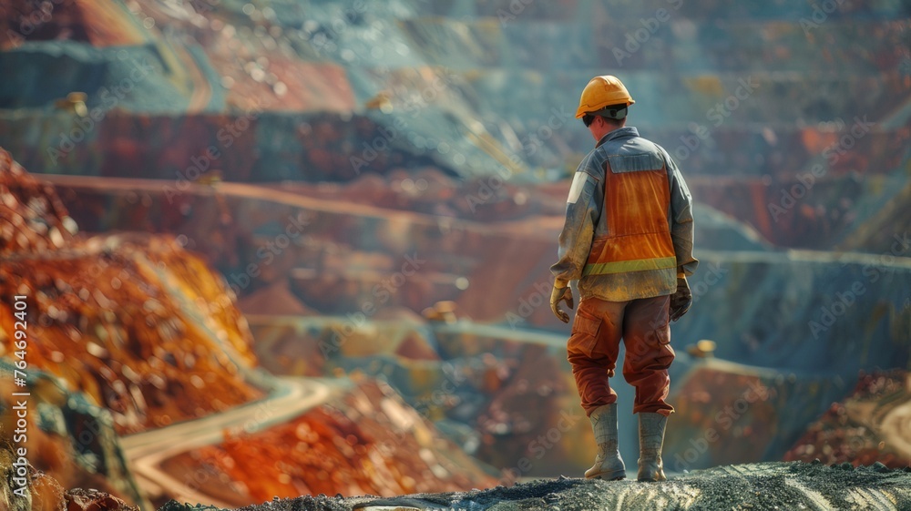 Copper mine worker in an open pit. His silhouette is silhouetted ...