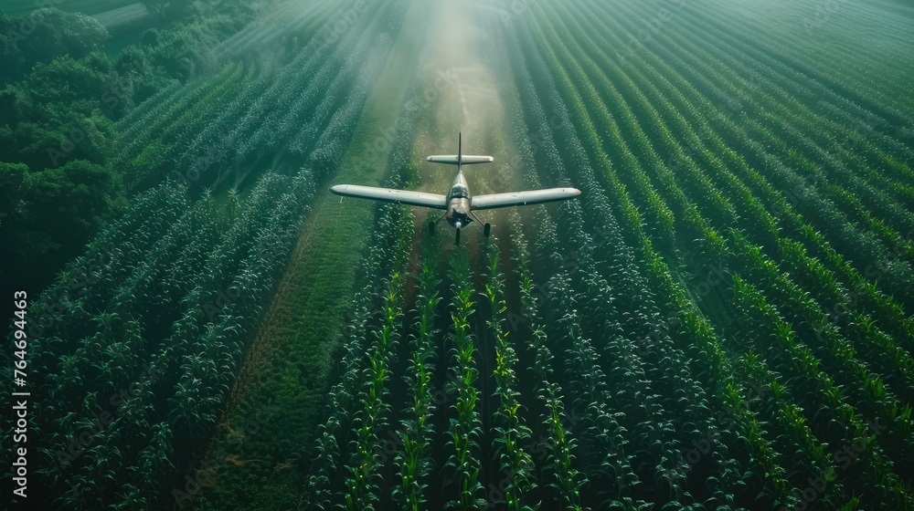 Aerial view of a propeller plane, flying low, spraying agricultural ...