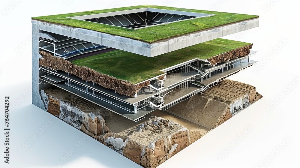 A unique cubic cross-section of a football stadium, the underground ...