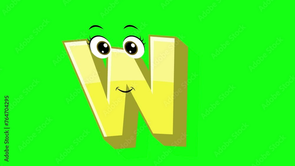 Cartoon style letter w 2d animation with green screen background, w ...