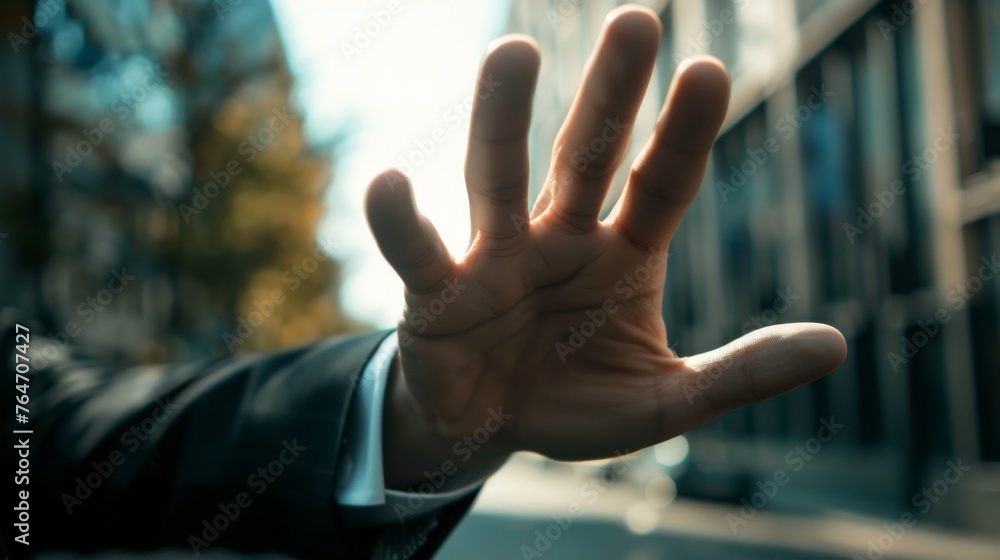 A professional man in a suit is extending his hand out in a gesture of ...