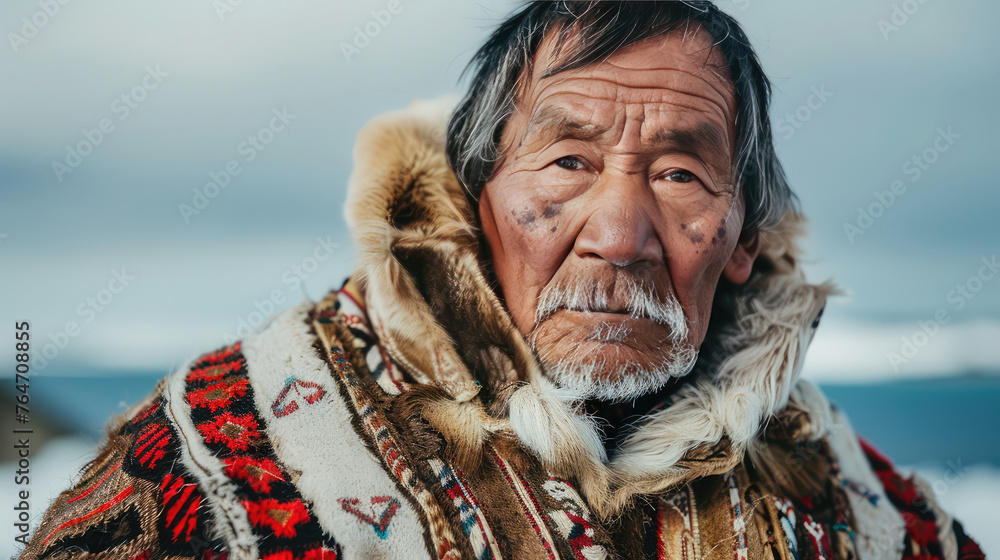 The portrait of an old Greenlander dressed in traditional clothing ...