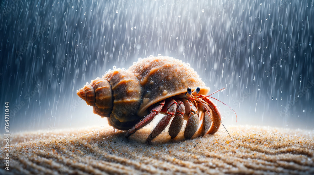 A hermit crab on a sandy beach under a rain shower, with water droplets ...