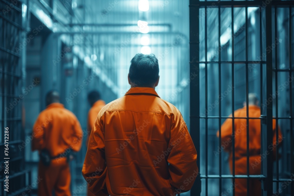 Prisoners, inmates in orange uniforms standing facing the metal bars in ...