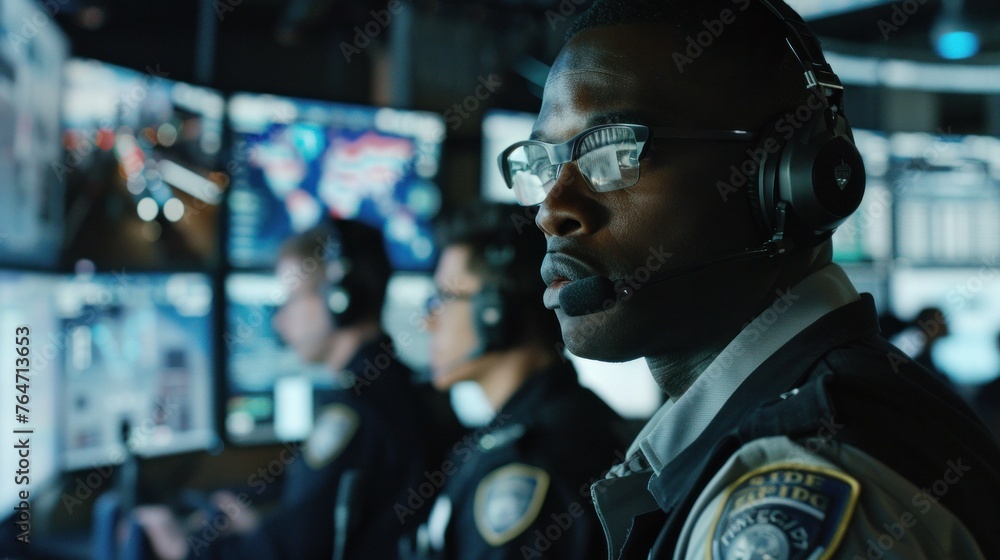 911 Emergency Call Center - Operators and security guards standing ...