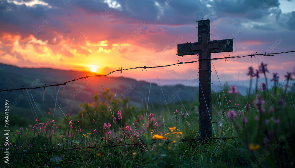 A dramatic image of a cross of Jesus Christ breaking through a barrier ...