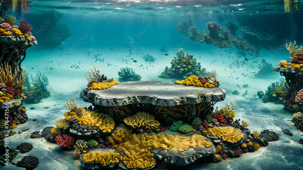 Coral Reef Ocean Display Background, underwater stone stand, seaweed ...