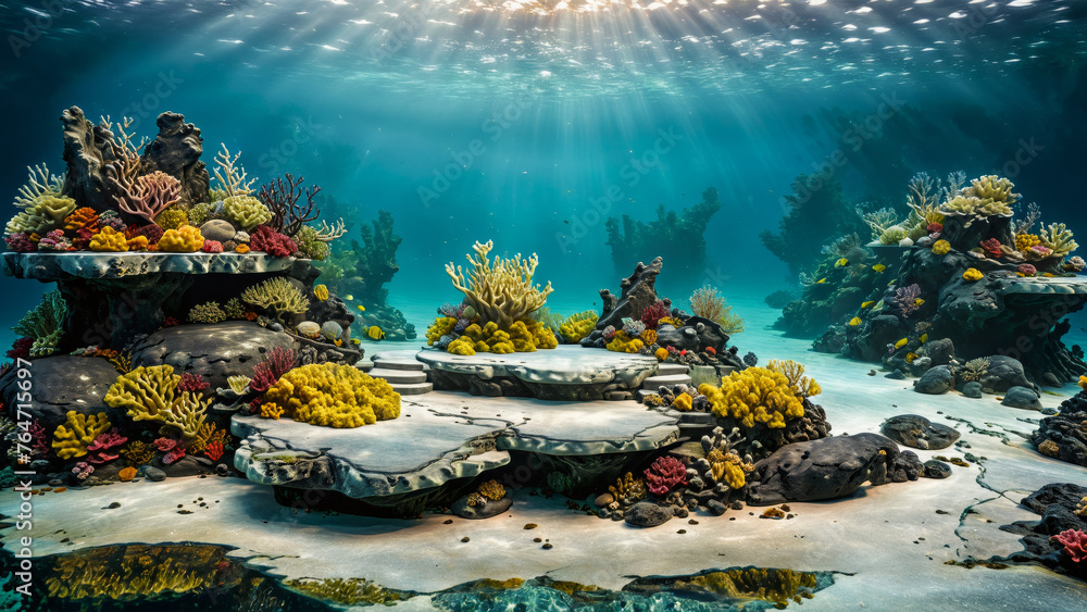 Coral Reef Ocean Display Background, underwater stone stand, seaweed ...